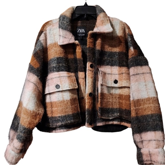 Zara | Tops | Zara Large Pink Brown Plaid Cropped Overshirt | Poshmark